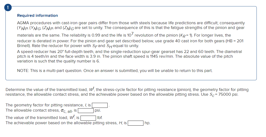 Solved ! Required information AGMA procedures with cast-iron | Chegg.com