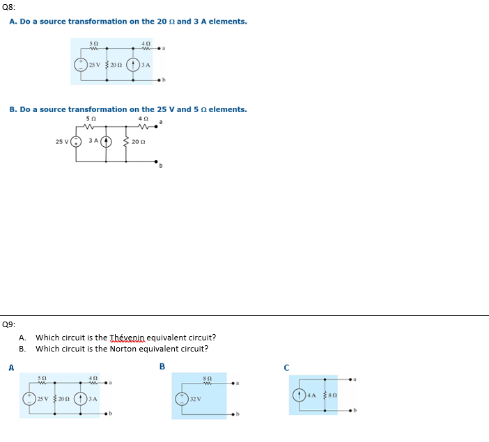 Solved Q8: A. Do a source transformation on the 20 and 3 A | Chegg.com