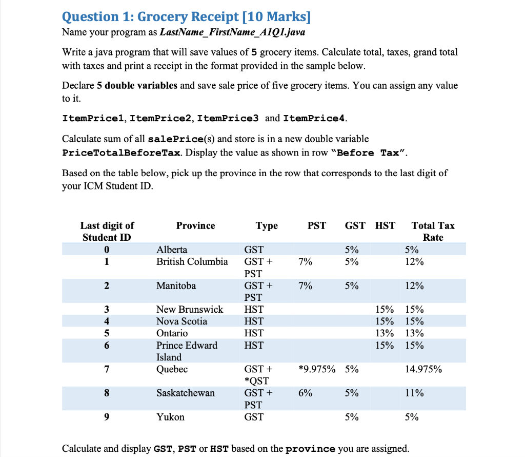 Solved Question 1: Grocery Receipt [10 Marks] Name your | Chegg.com