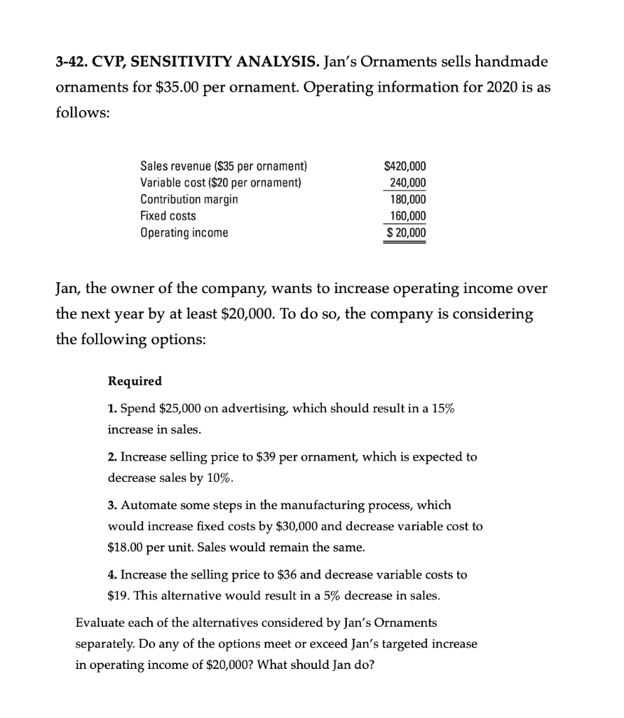 Solved 3-42. CVP, SENSITIVITY ANALYSIS. Jan's Ornaments | Chegg.com