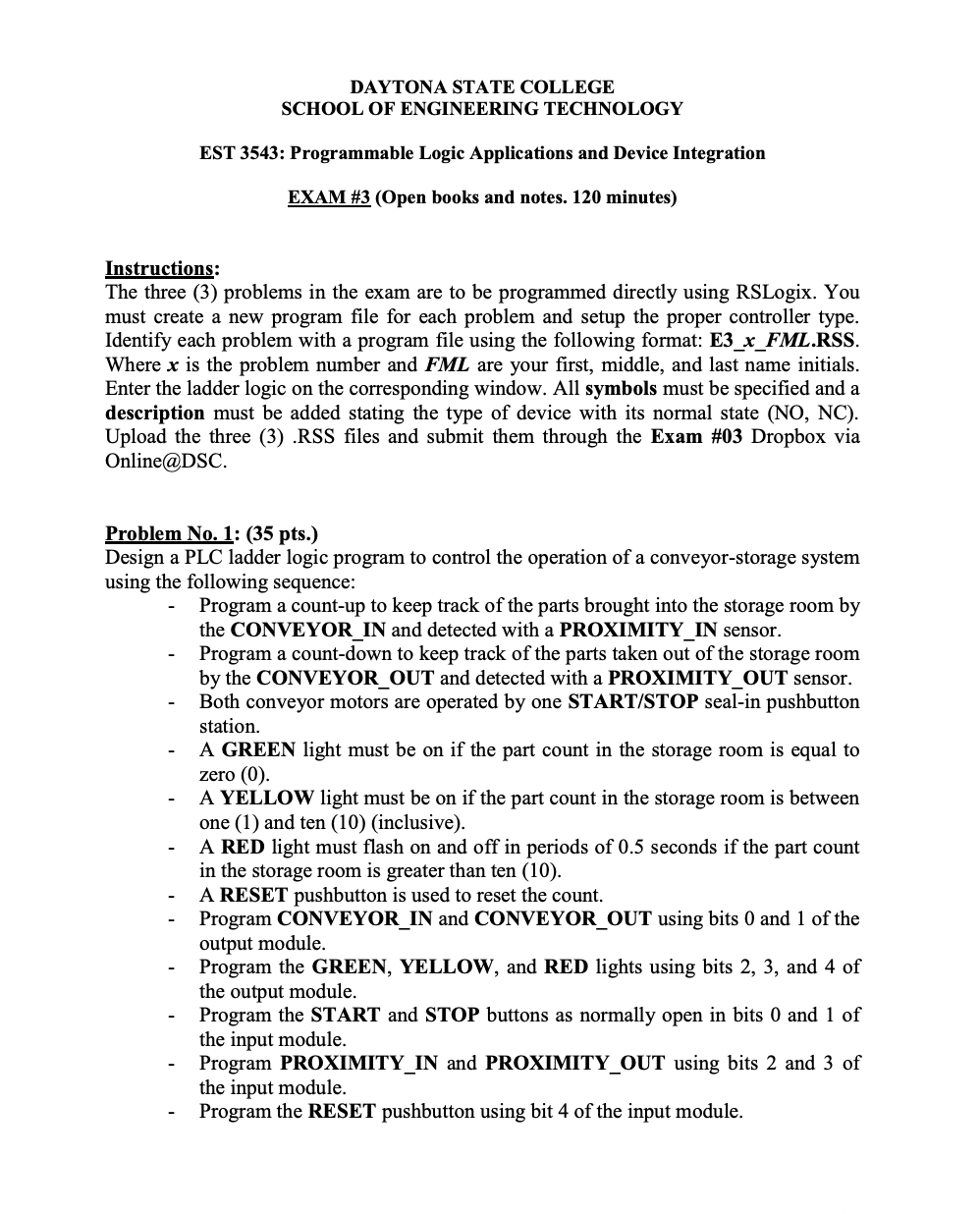 Solved Problem No. 2: (35 pts.) Design a PLC ladder logic | Chegg.com