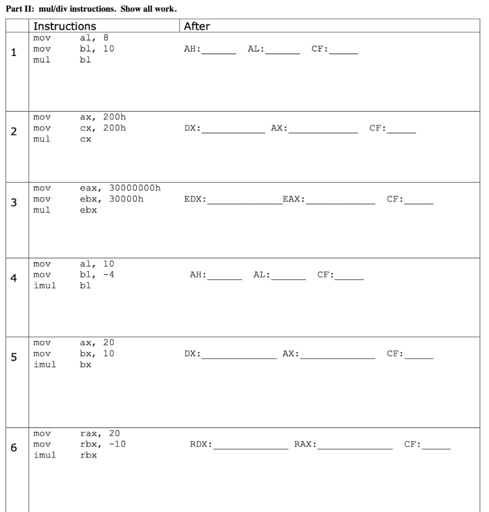 Solved Part II: mul/div instructions. Show all work. After | Chegg.com