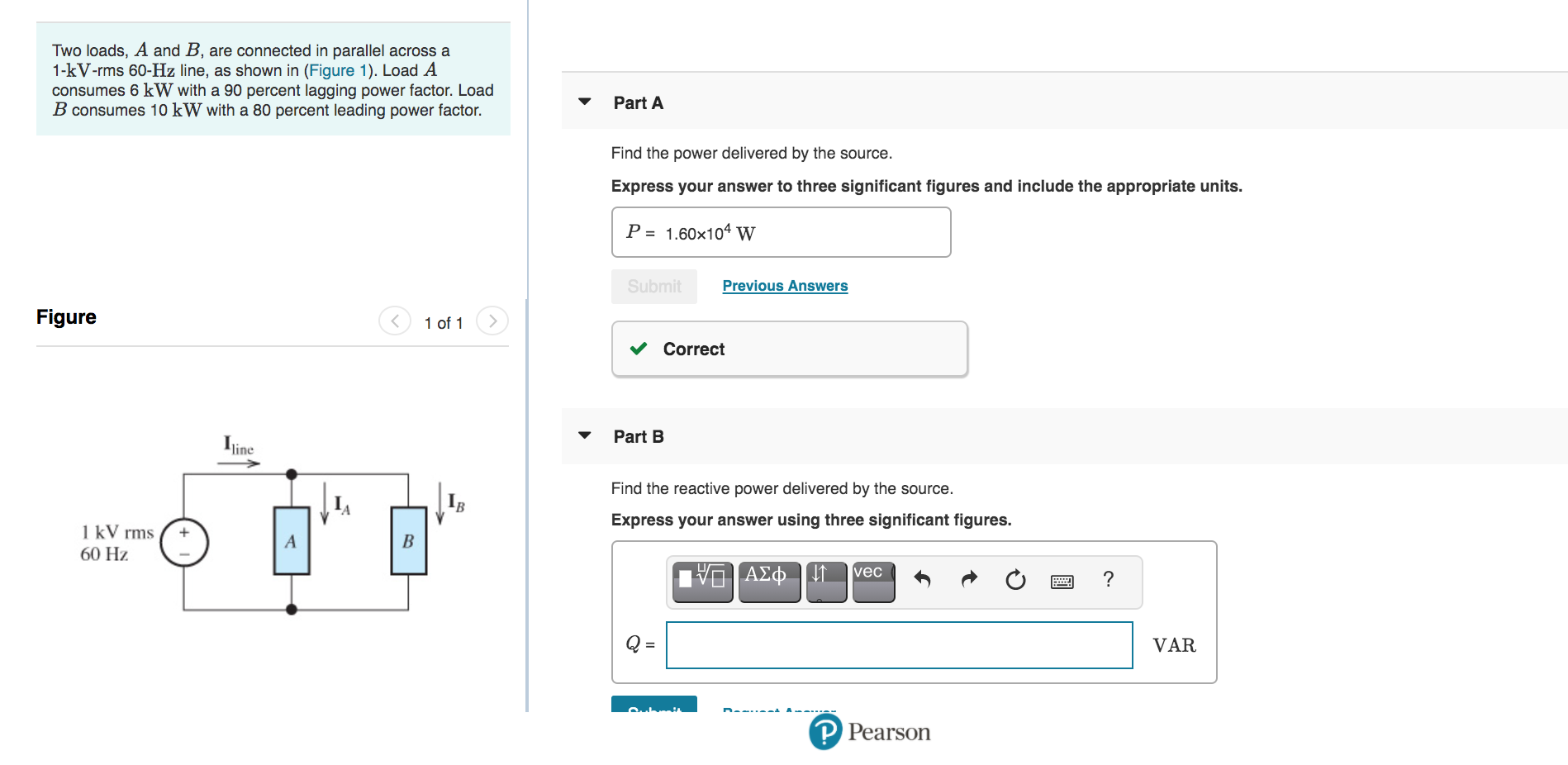 Solved Two loads, A and B, are connected in parallel across | Chegg.com