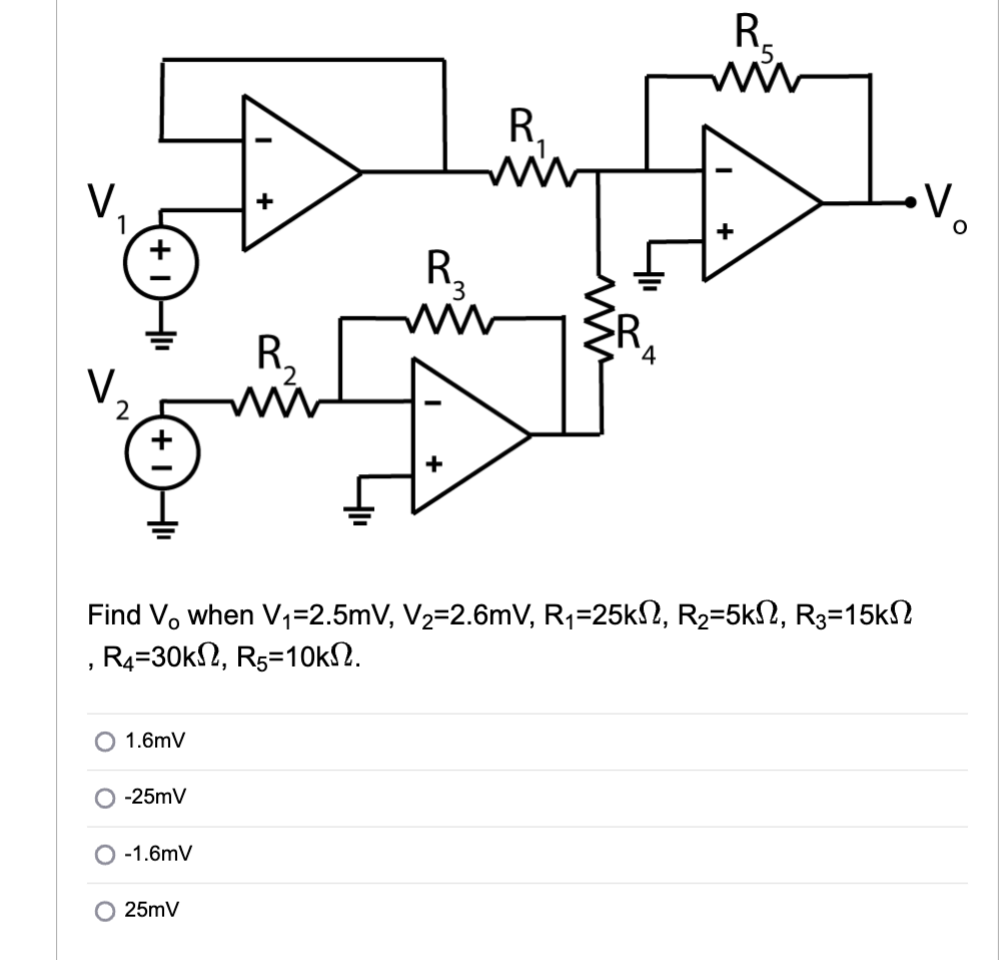 Solved Find V0 when V1=2.5mV,V2=2.6mV,R1=25kΩ,R2=5kΩ,R3=15kΩ | Chegg.com