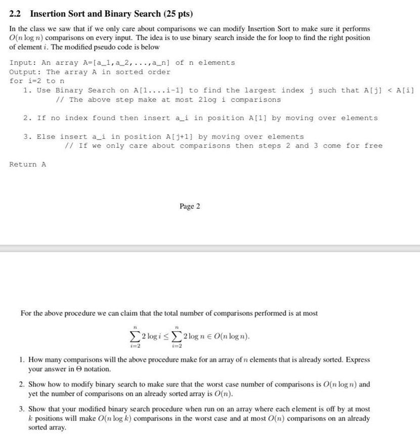 Solved 22 Insertion Sort And Binary Search 25 Pts In The