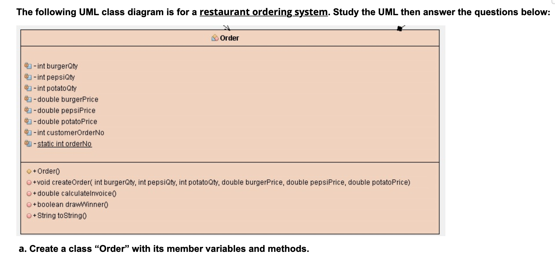 Solved The following UML class diagram is for a restaurant | Chegg.com