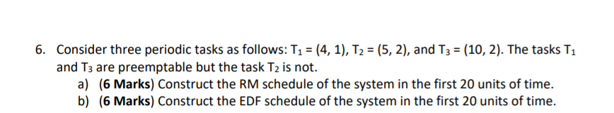 Solved 6. Consider three periodic tasks as follows: T1 = (4, | Chegg.com