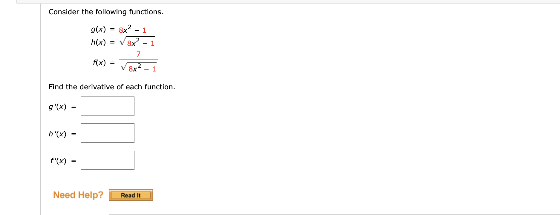 Solved Consider the following functions. g(x) = 8x2 − 1 h(x) | Chegg.com