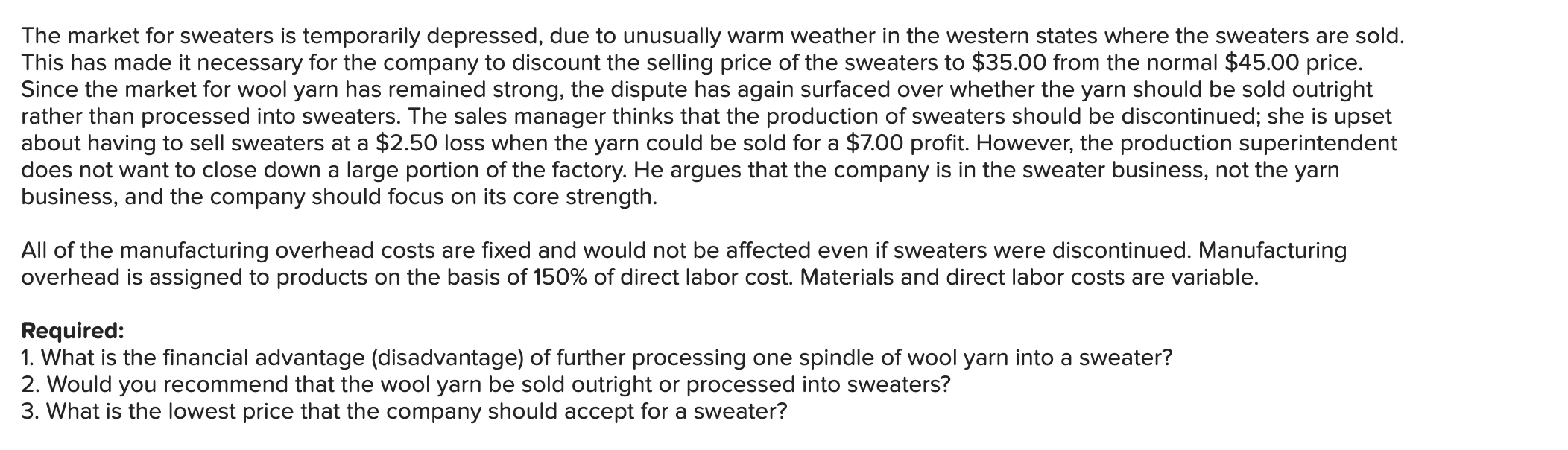 Solved The Scottie Sweater Company produces sweaters under | Chegg.com