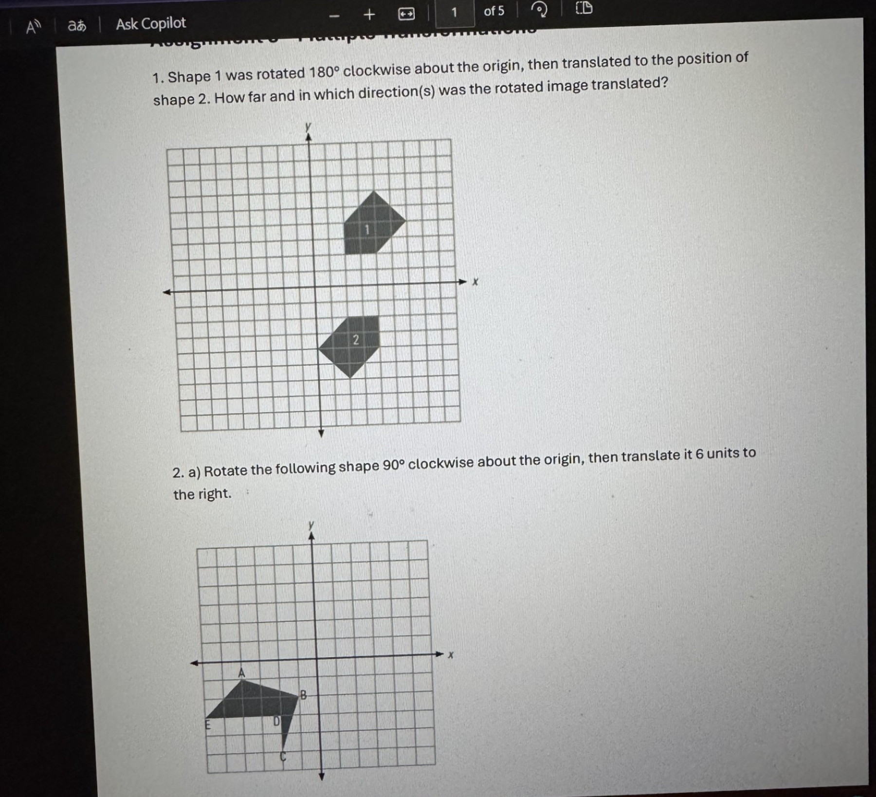 Solved 1. ﻿Shape 1 ﻿was rotated \( 180^{\circ} \) ﻿clockwise | Chegg.com