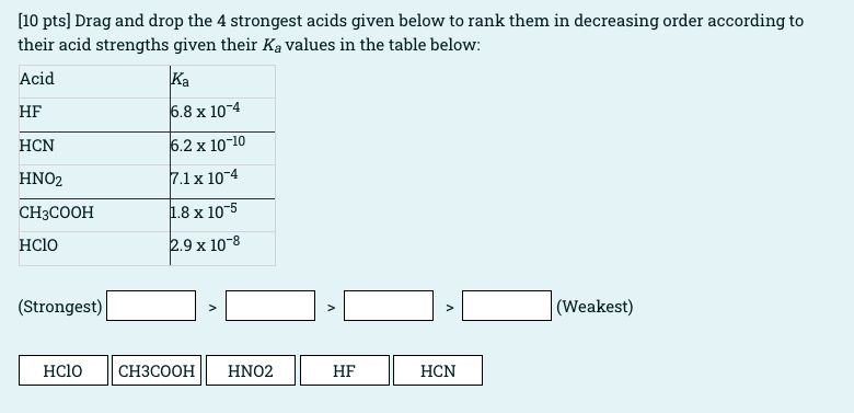 Solved [10 pts] Drag and drop the 4 strongest acids given | Chegg.com