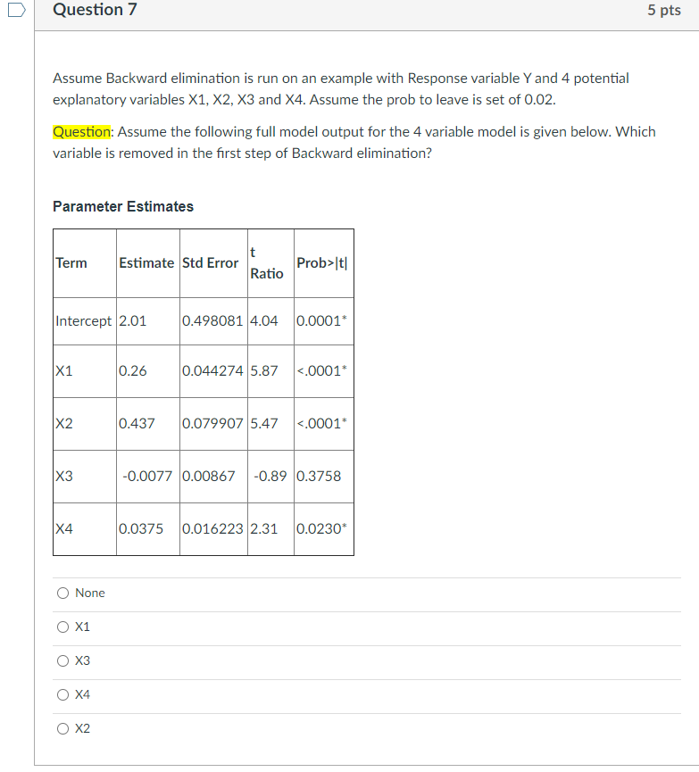 Solved Question 7 5 pts Assume Backward elimination is run | Chegg.com