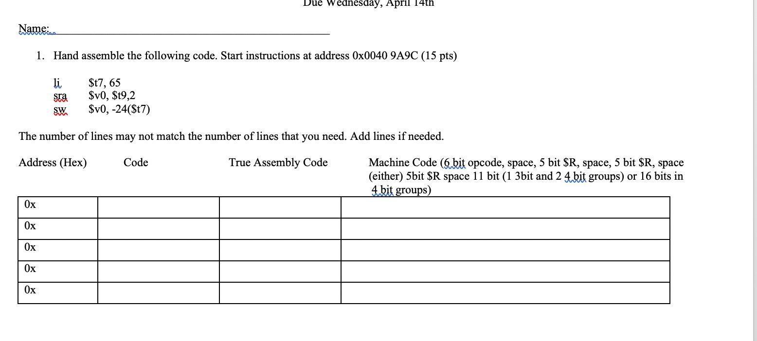 Solved Due Wednesday, April 14th Name: WAA 1. Hand assemble | Chegg.com
