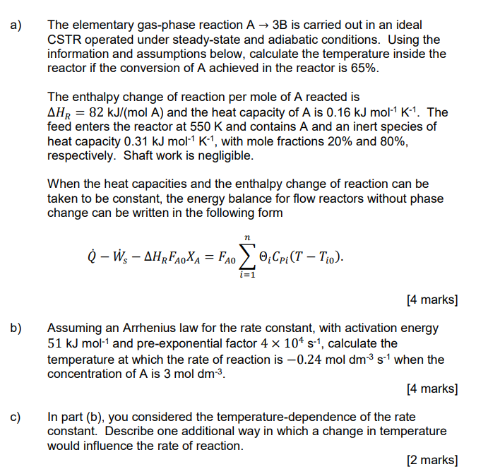 Solved a) The elementary gas-phase reaction A → 3B is | Chegg.com
