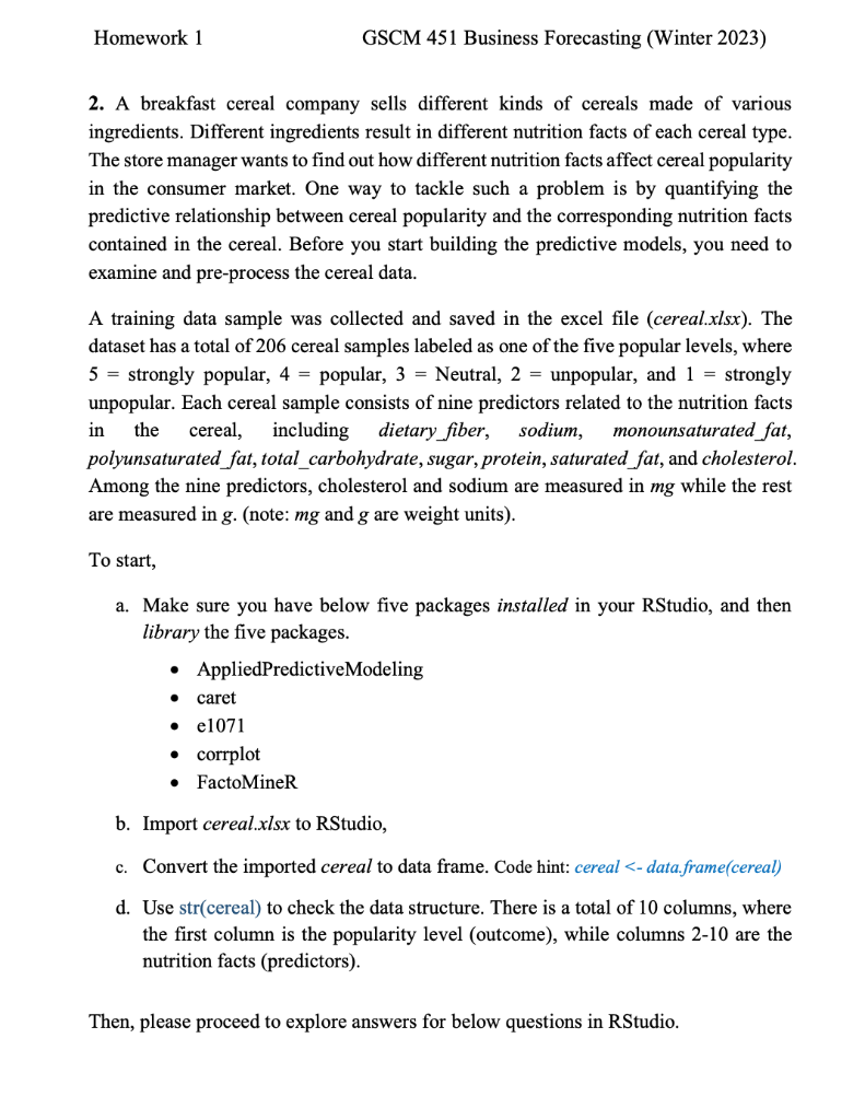 Solved Homework 1 GSCM 451 Business Forecasting (Winter | Chegg.com