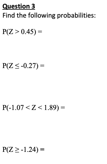 Solved Find the following probabilities: P(Z>0.45)= | Chegg.com