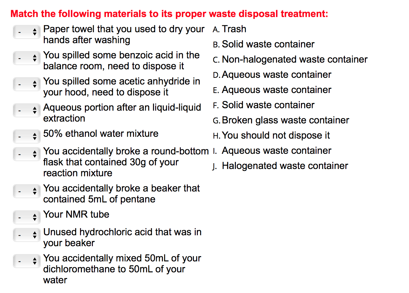 Solved Match the following materials to its proper waste | Chegg.com
