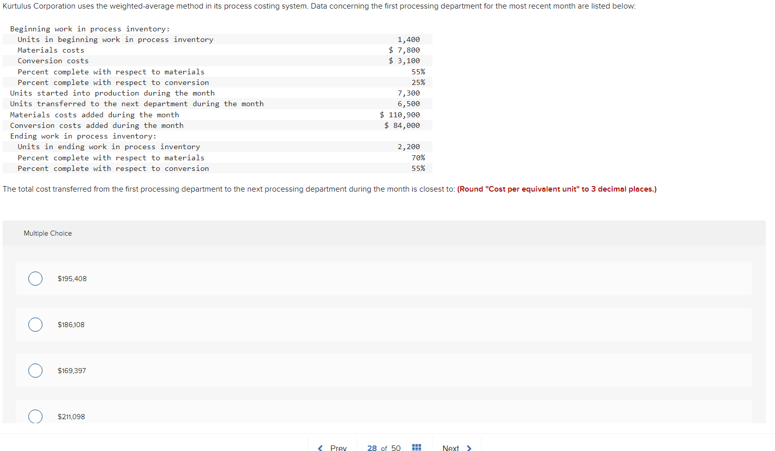 Solved Multiple Choice $195,408 $186,108 $169,397 $211,098 | Chegg.com