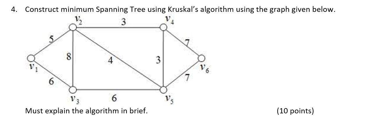 Solved 4. Construct minimum Spanning Tree using Kruskal's | Chegg.com