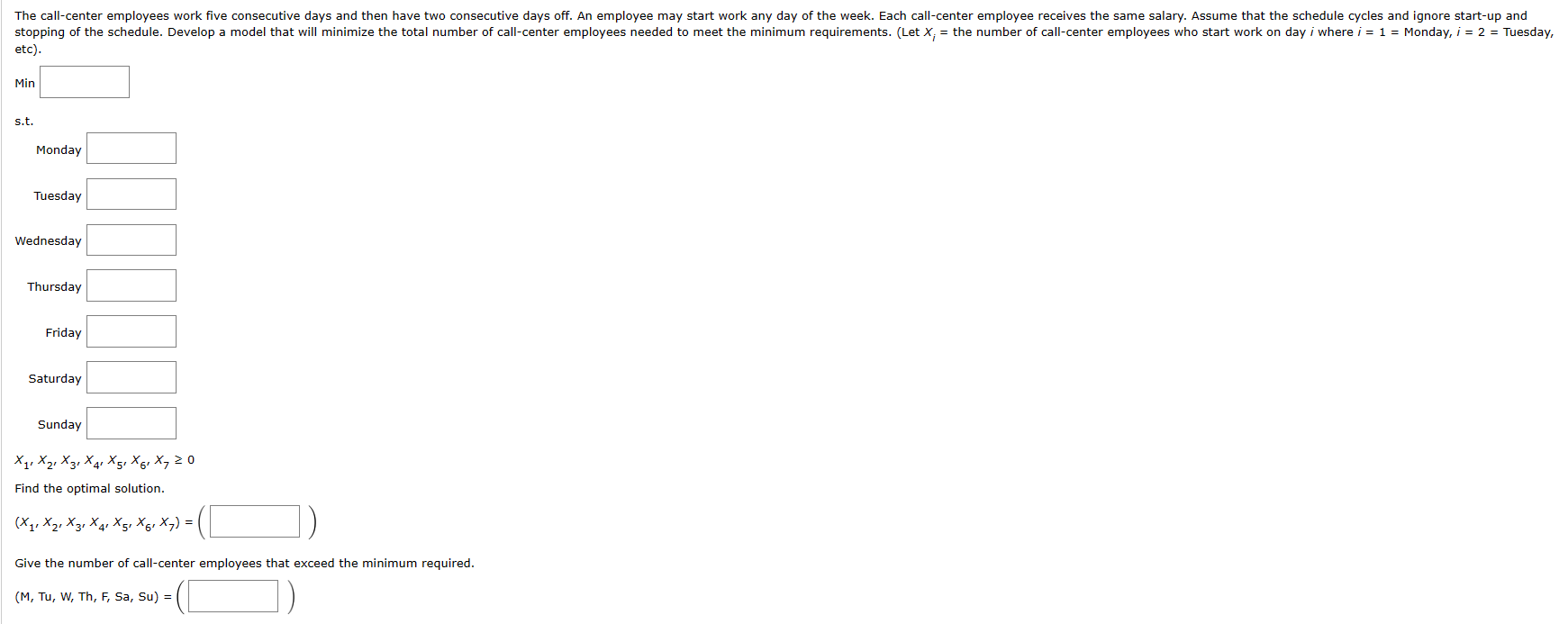 Solved etc). Min s.t. Monday Tuesday Wednesday Thursday | Chegg.com