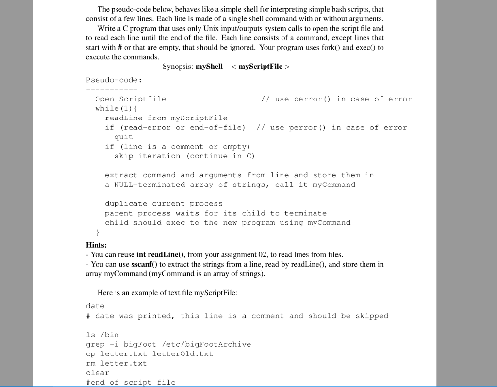 Solved The pseudo-code below, behaves like a simple shell | Chegg.com