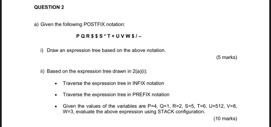 Solved QUESTION 2 a) Given the following POSTFIX notation: | Chegg.com