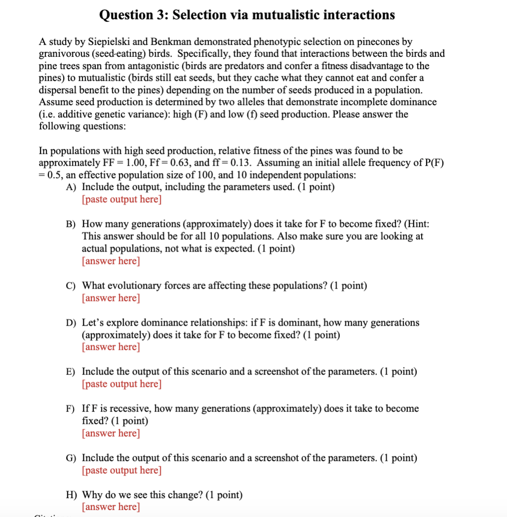 Solved Question 3: Selection via mutualistic interactions A | Chegg.com