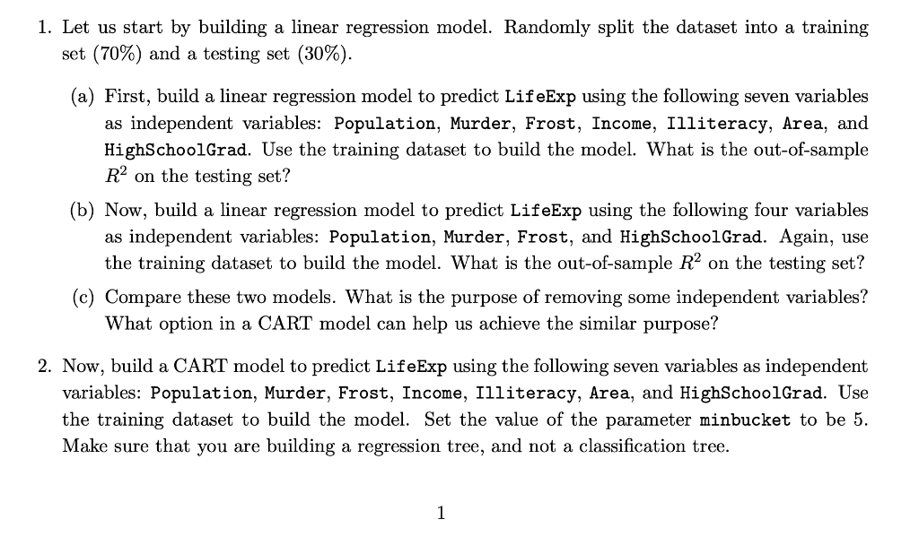 Solved 1 Predicting Life Expectancy in the United States In | Chegg.com