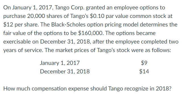 Solved On January 1, 2017, Tango Corp. granted an employee | Chegg.com