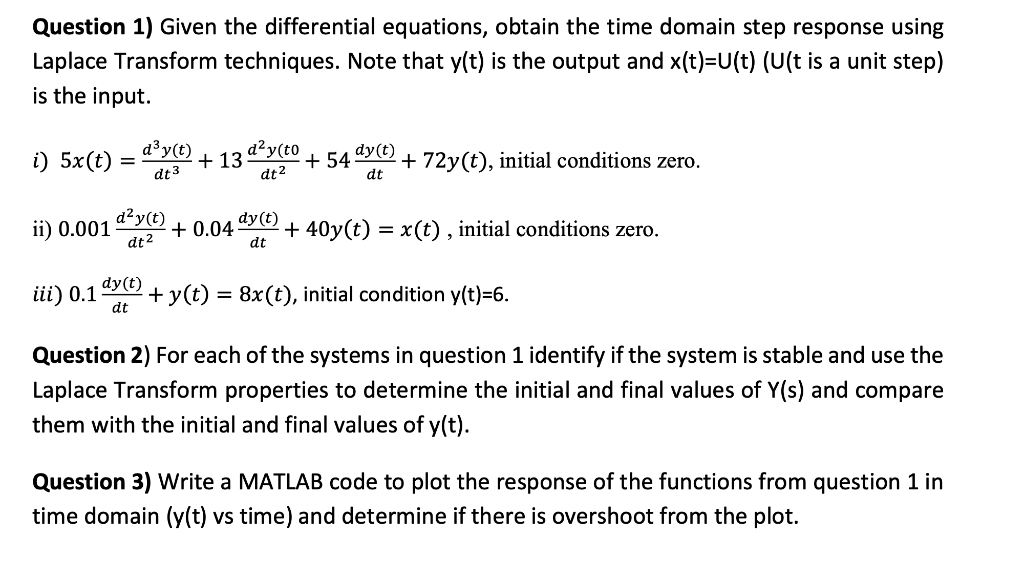Solved Question 1) Given the differential equations, obtain | Chegg.com