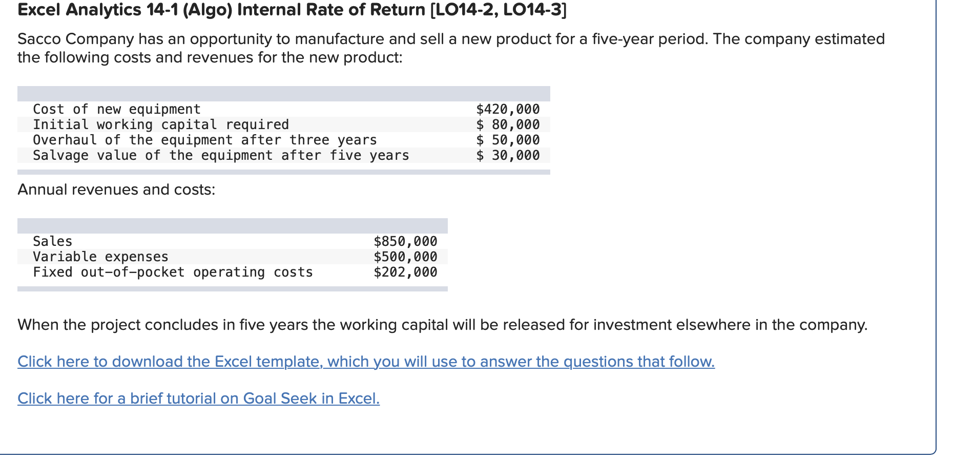 Excel Analytics 14-1 (Algo) Internal Rate of Return | Chegg.com