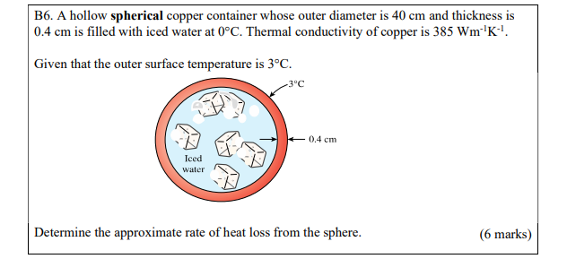 Solved B6. A hollow spherical copper container whose outer | Chegg.com