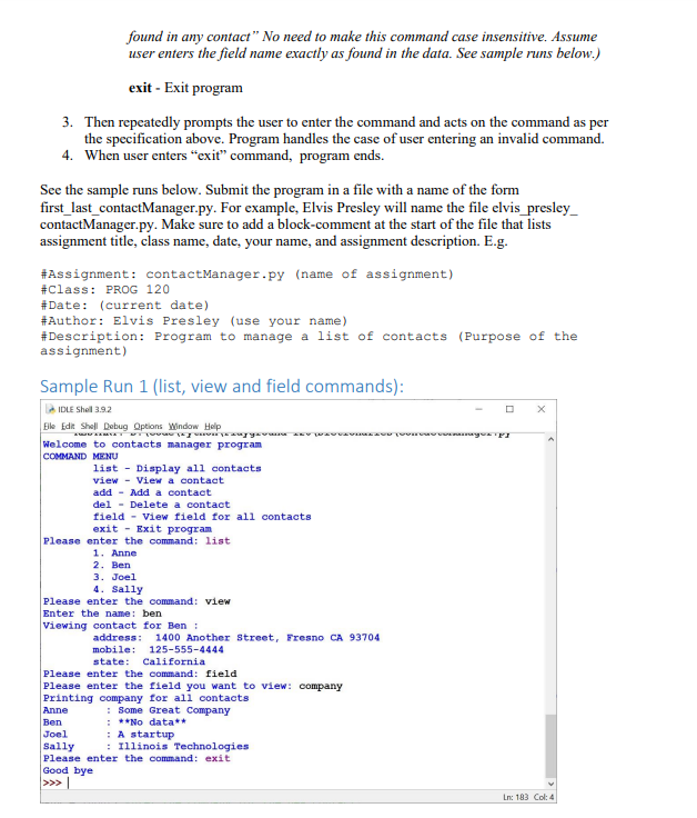 Solved Contacts Manager Problem Statement: Create a program | Chegg.com