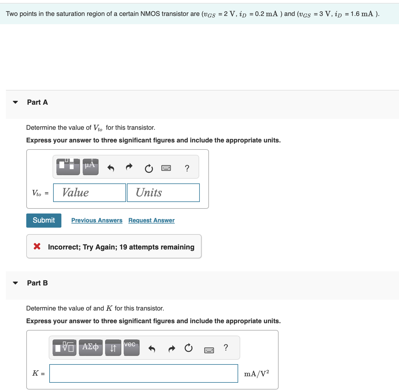 Solved Two points in the saturation region of a certain NMOS | Chegg.com