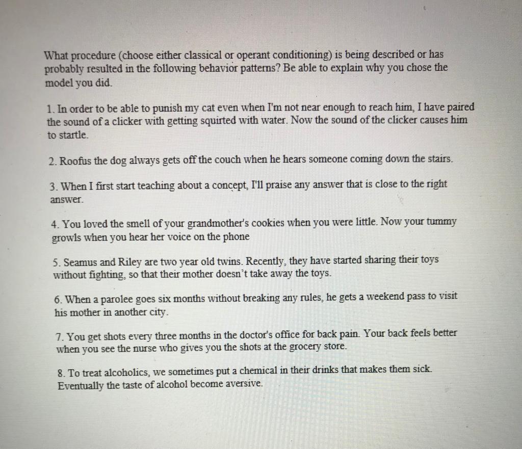 Solved What procedure (choose either classical or operant | Chegg.com