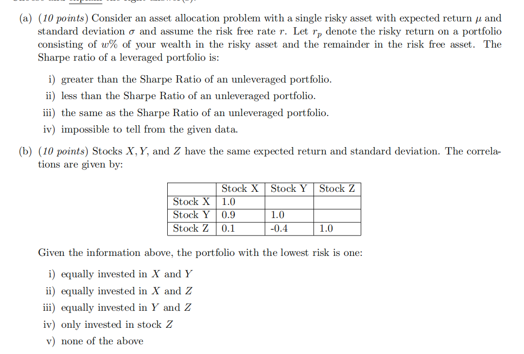 Solved (a) (10 points) Consider an asset allocation problem | Chegg.com