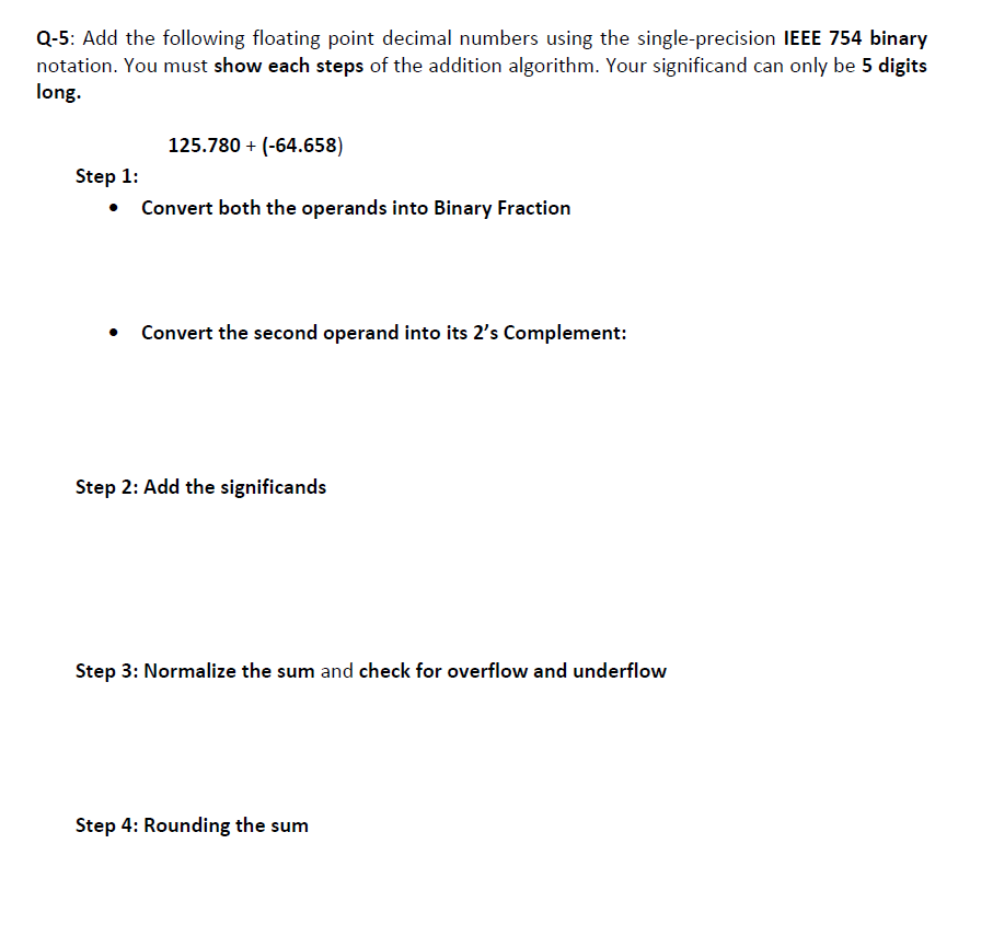 Solved Q 5 Add The Following Floating Point Decimal Numbers