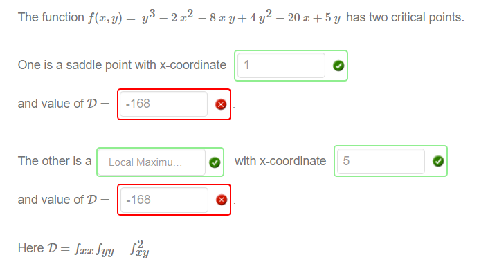Solved The function f(x,y)=y3−2x2−8xy+4y2−20x+5y has two | Chegg.com