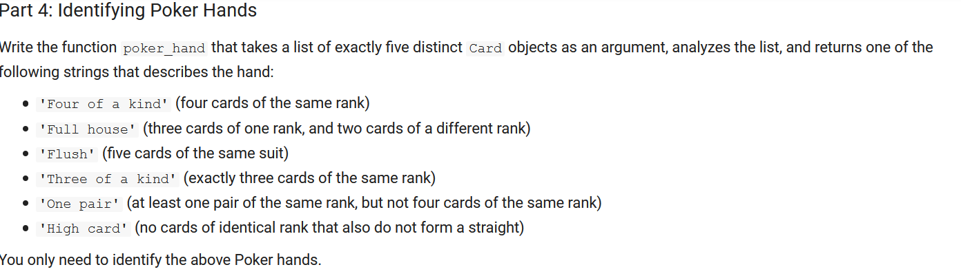 Solved Part 4: Identifying Poker Hands Write the function | Chegg.com