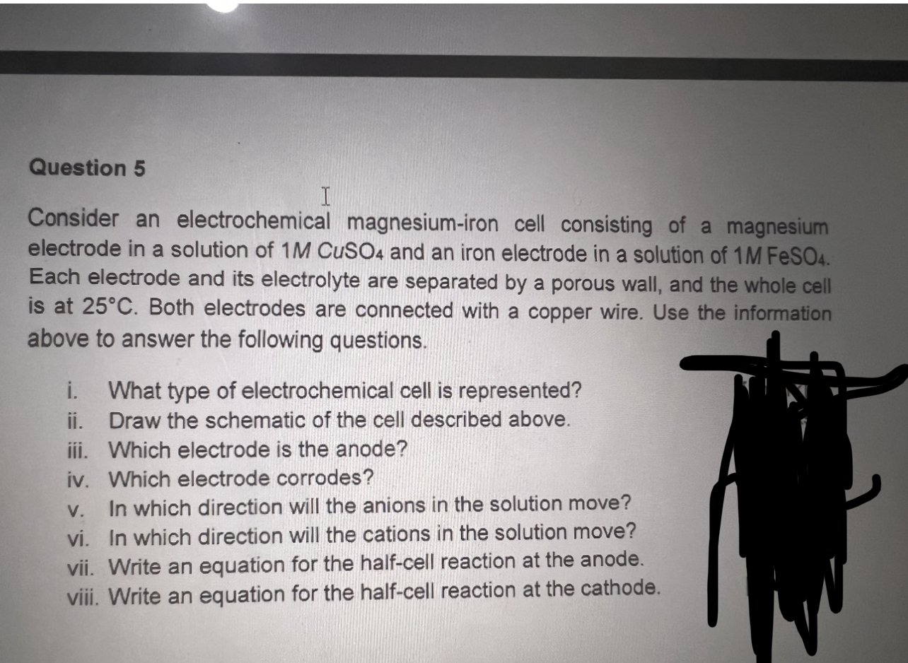 Solved Consider an electrochemical magnesium-iron cell | Chegg.com