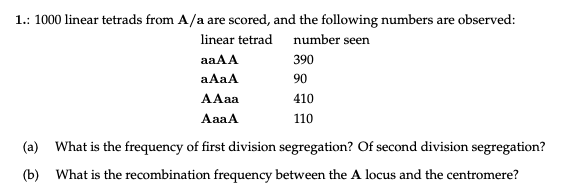 Solved 1.: 1000 linear tetrads from A/a are scored, and the | Chegg.com