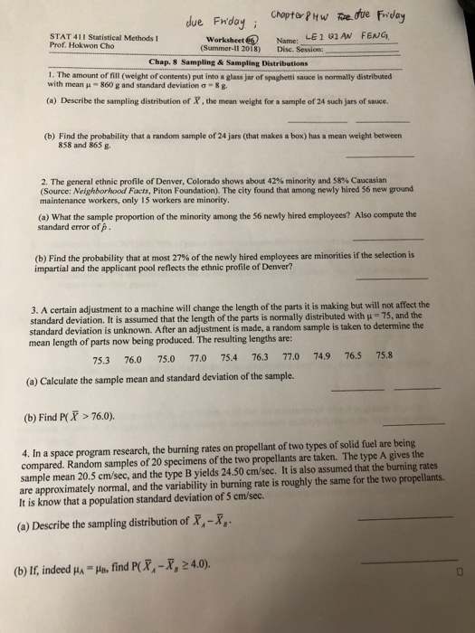 Solved Due Fnday Stat 411 Statistical Methods I Prof