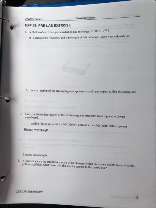 Solved Student Name nstructor Name: EXP #9: PRE-LAB EXERCISE | Chegg.com