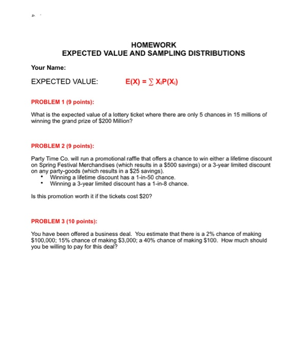 Solved HOMEWORK EXPECTED VALUE AND SAMPLING DISTRIBUTIONS | Chegg.com