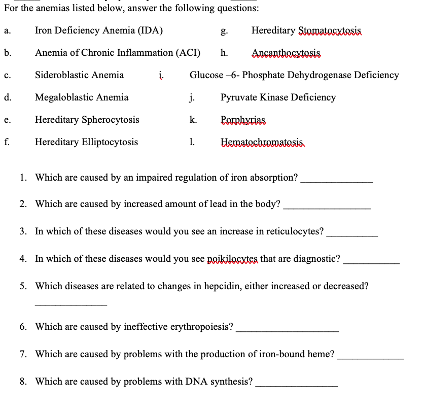 Solved For the anemias listed below, answer the following | Chegg.com