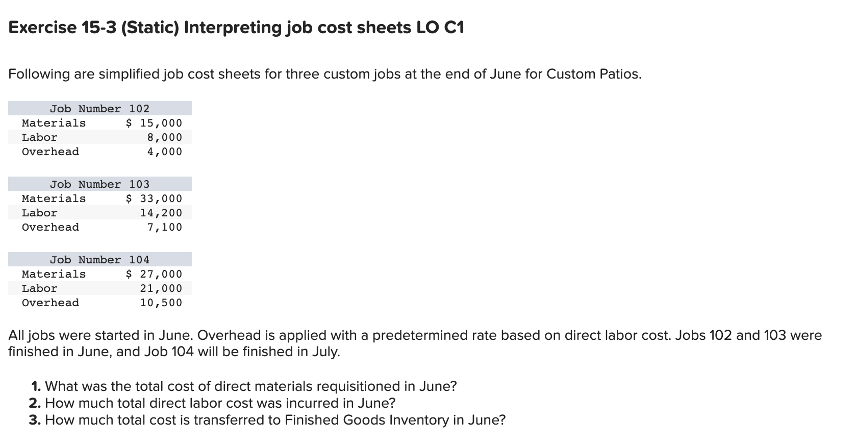 Solved Exercise 15-3 (Static) Interpreting job cost sheets | Chegg.com