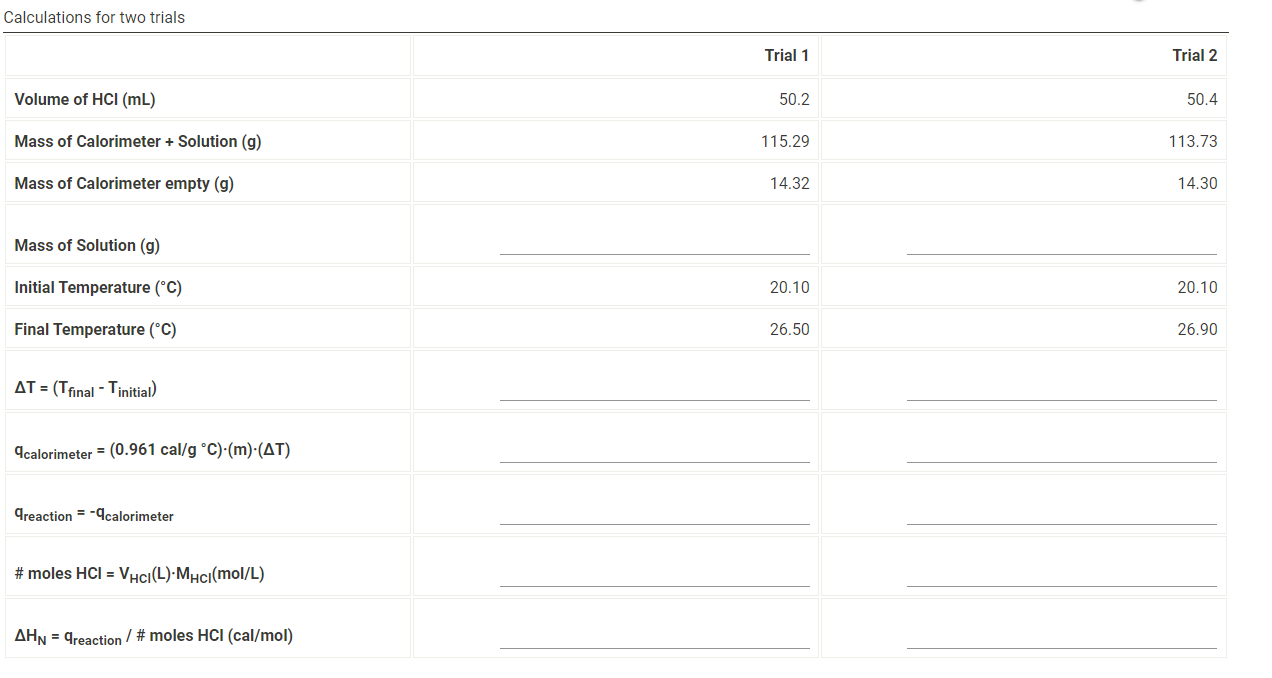 Solved Calculations for two trials | Chegg.com