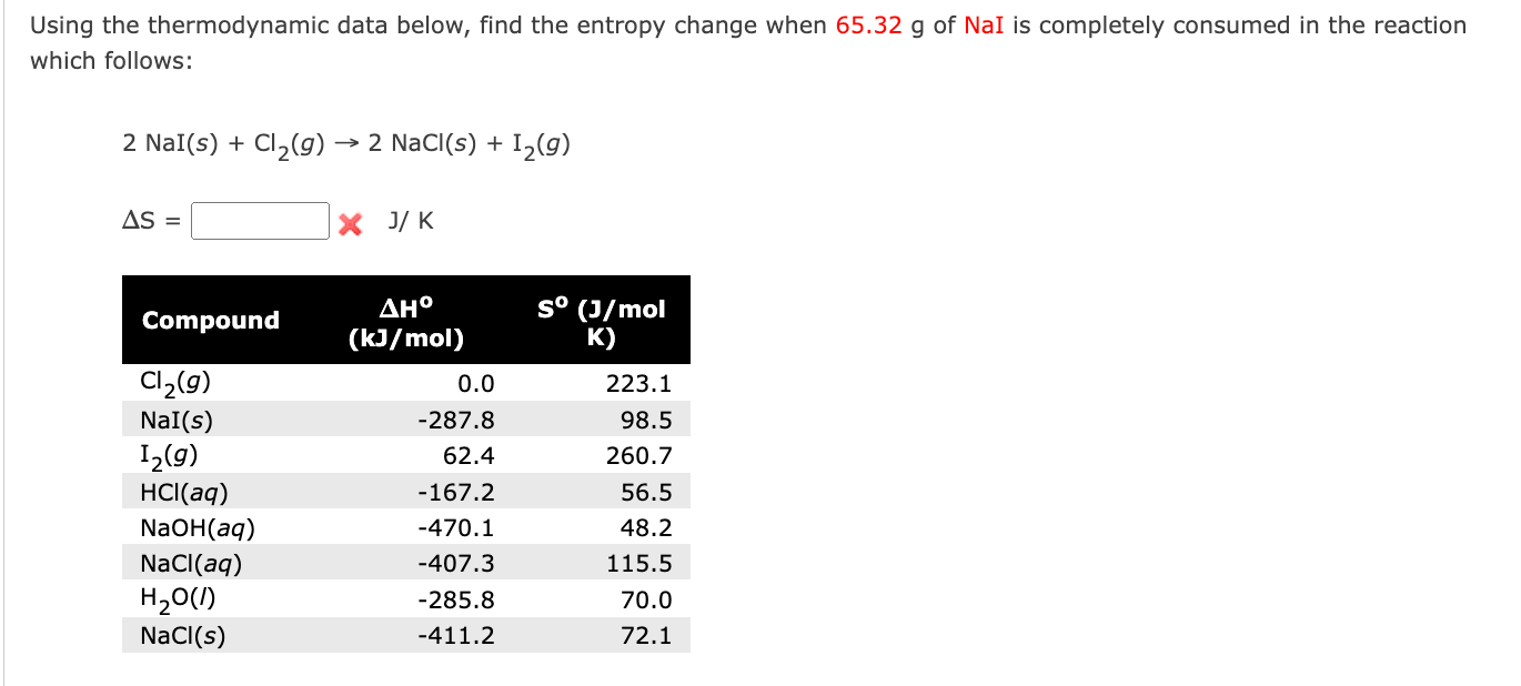 Solved Using the thermodynamic data below, find the entropy | Chegg.com