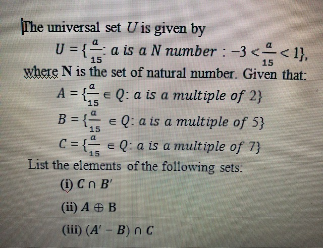 Solved 15 The universal set U is given by U = {a is a N | Chegg.com