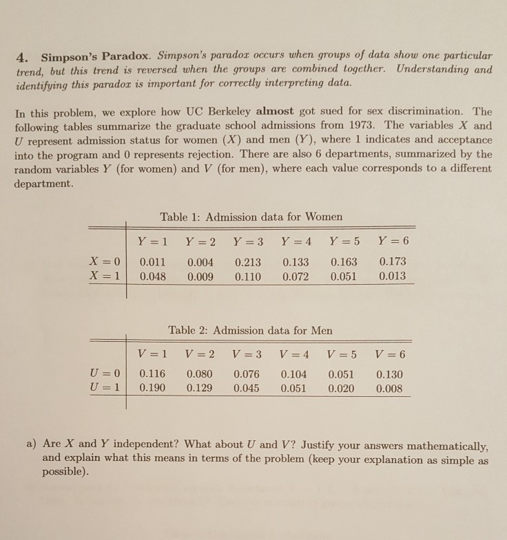 Solved 4. Simpson's Paradox. Simpson's paradox occurs when | Chegg.com